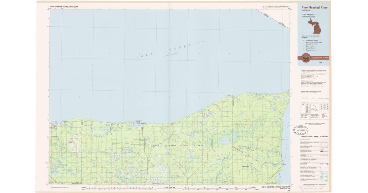 1985 Map of Two Hearted River, Luce County, MI — High-Res | Pastmaps