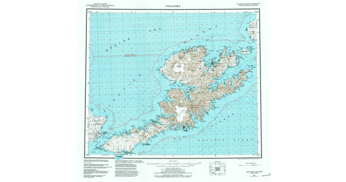 1951 Map of Unalaska, AK — High-Res, 1988 Print | Pastmaps