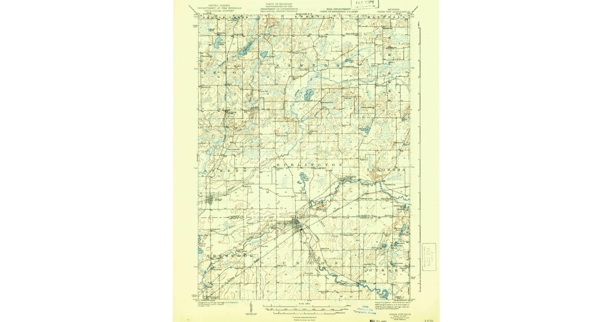 1918 Map of Union City, MI — High-Res, 1942 Print | Pastmaps