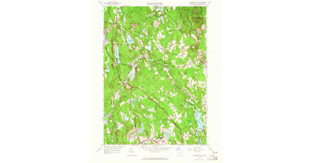 1956 Map of Wachusett Mtn, Worcester County, MA — High-Res, 1965 Print ...