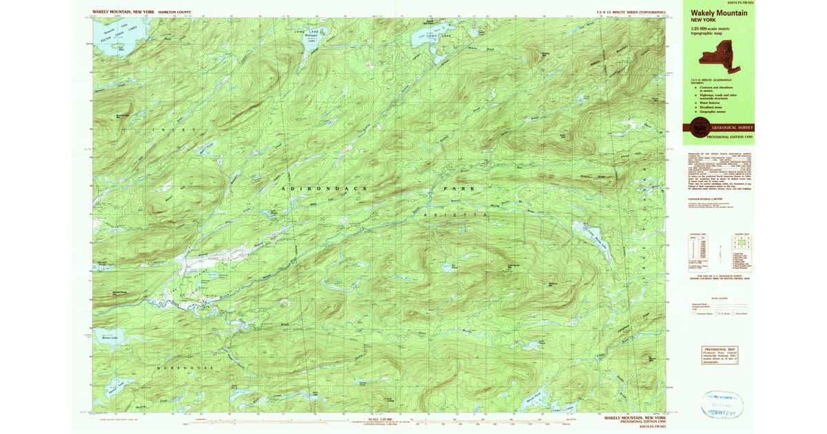 1990 Map of Wakely Mountain, Hamilton County, NY — High-Res, 1990 Print ...
