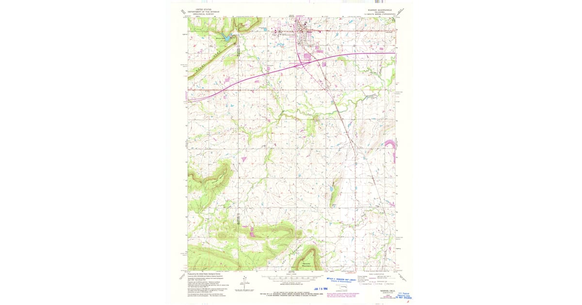 1963 Map of Warner, OK — High-Res, 1993 Print | Pastmaps