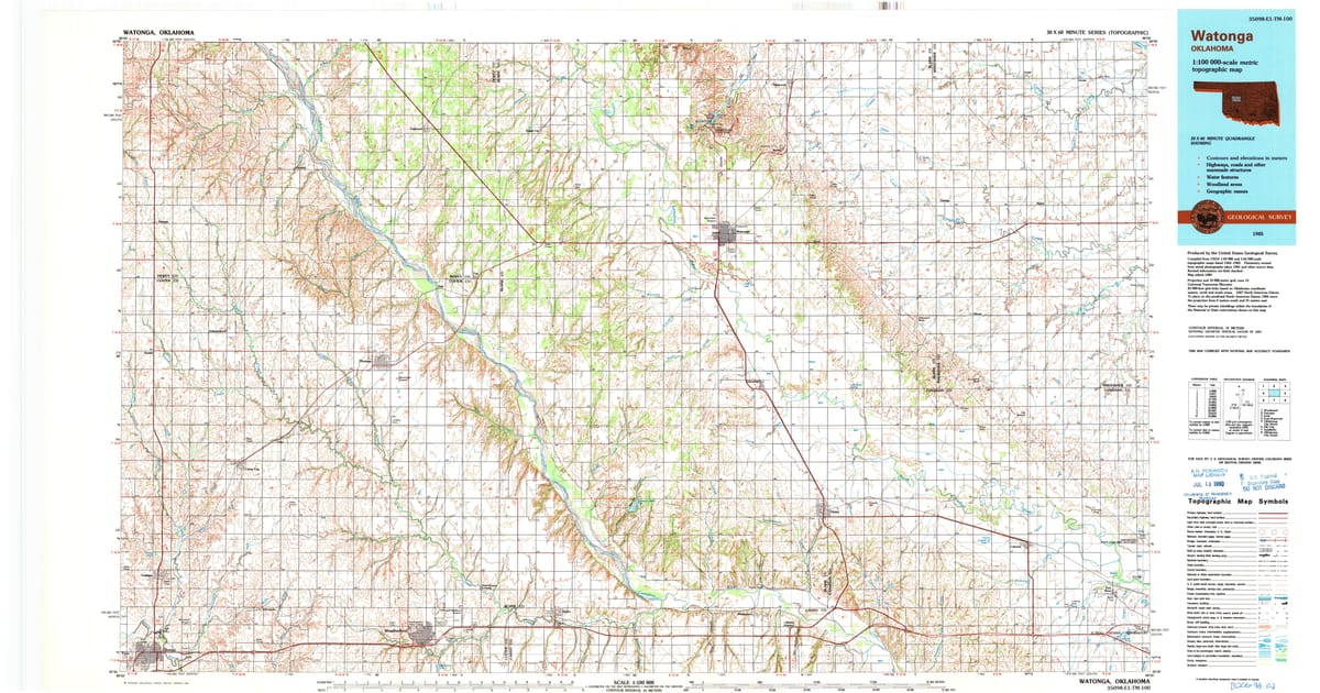 1985 Map of Watonga, OK — High-Res, 1990 Print | Pastmaps