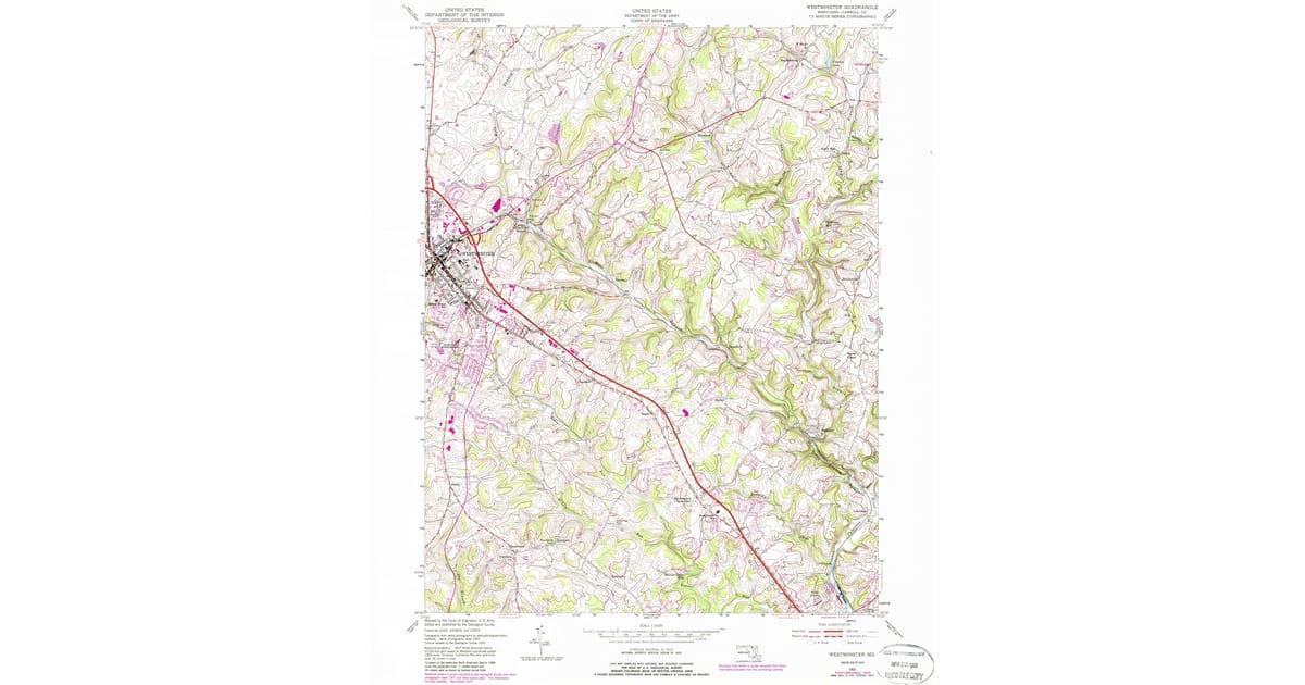 1953 Map of Westminster, MD — High-Res, 1988 Print | Pastmaps