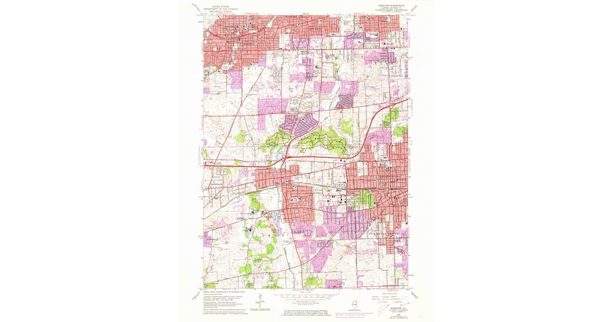 1962 Map of Wheaton, IL — High-Res, 1973 Print | Pastmaps