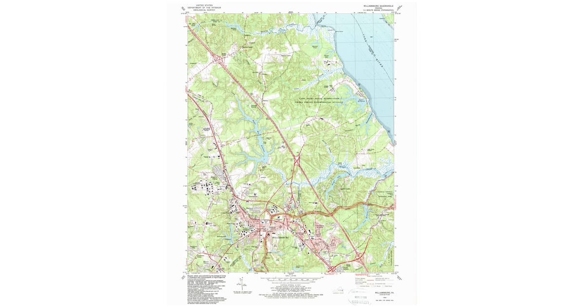 1984 Map of Williamsburg, York County, VA — High-Res, 1989 Print | Pastmaps