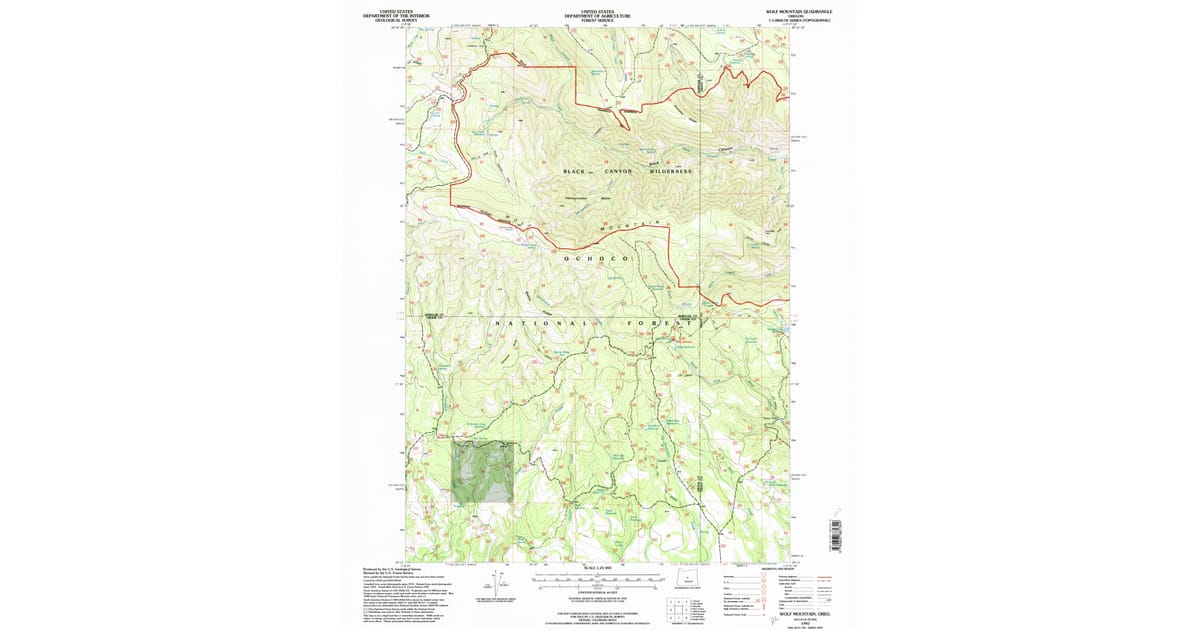 1992 Map of Wolf Mountain, Wheeler County, OR — High-Res | Pastmaps